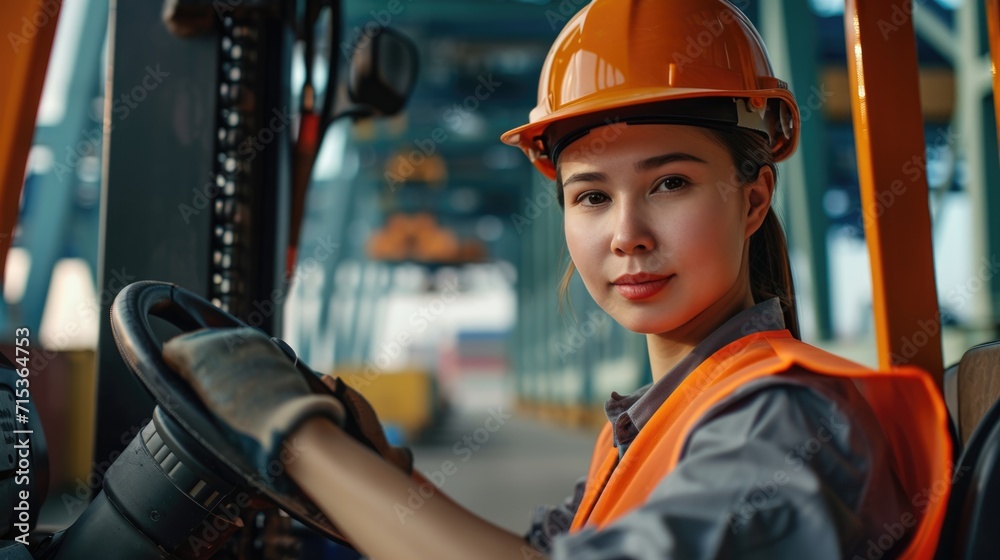 Female foreman driving forklift at shipping container yard, Industrial ...