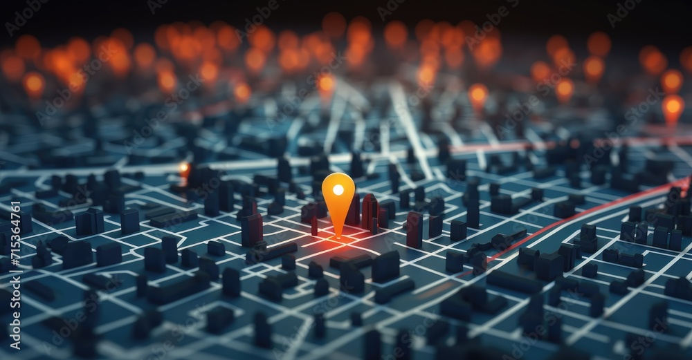 A glowing geolocation marker on a map of a nighttime city Stock ...