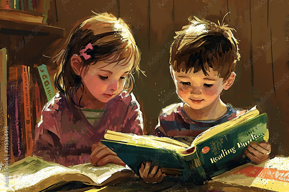 Children read books with friends or siblings. Groups of children share ...