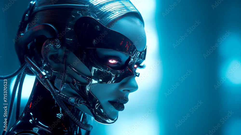 Cinematic image of a cyberpunk female bionic robot wearing a mask. Game ...
