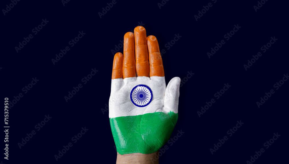 Hands Plam painted with saffron, white and green to represent tricolor ...