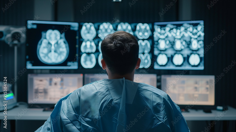 Radiologist Analyzing MRI Brain Scans on Monitors. A healthcare ...