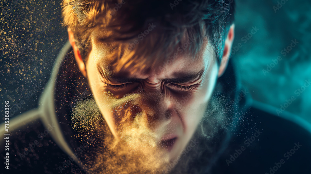 Man sneezing with visible droplets, concept of germ spread. Stock Photo ...
