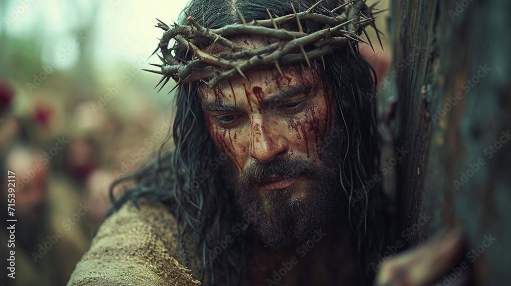 The Crucifixion of Jesus, with the crown of thorns, the bloody Jesus ...