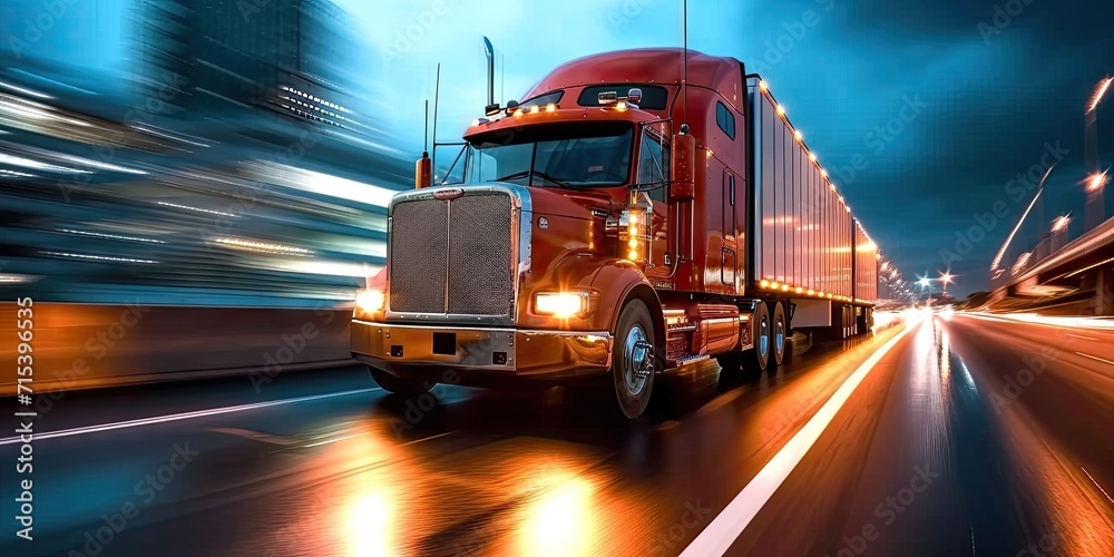 Semi heavy truck powering through transportation of cargo on road ...