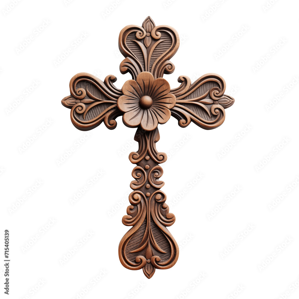 Cross isolated on a transparent background. Wood carving cross for ...