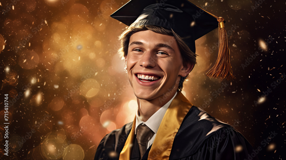 Happy young man wearing graduation cap and gown, smiling young guy ...