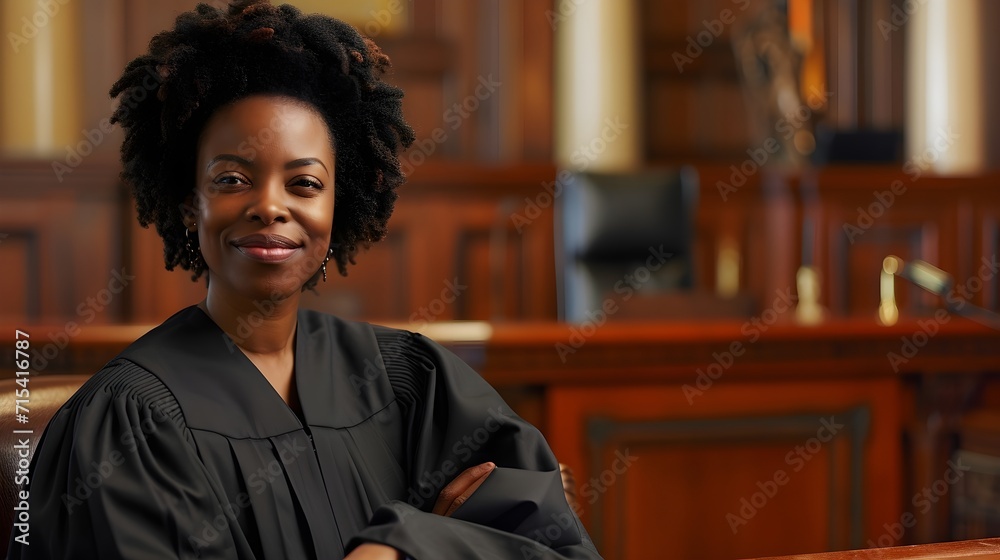 Portrait of a black female judge on duty against court atmosphere ...