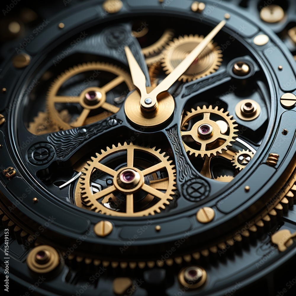 a close up of a watch face with a black and gold clock face and gears ...