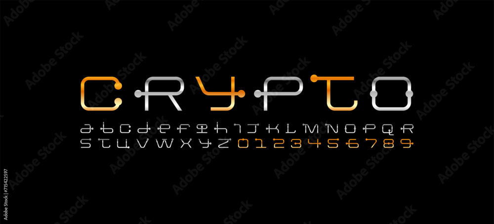 Technical silver gold future font, digital cyber alphabet, golden ...