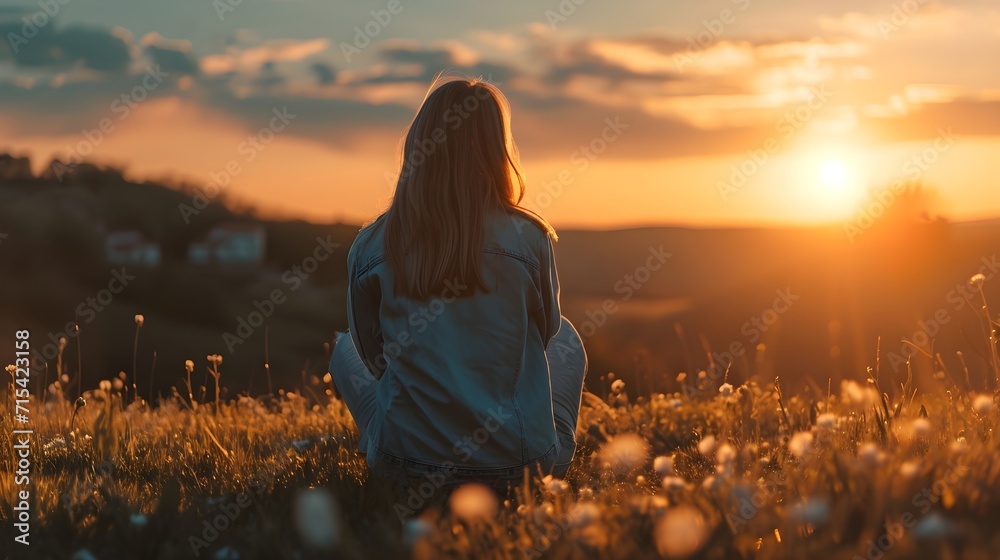 Back view of a sitting white female against sunset background ...