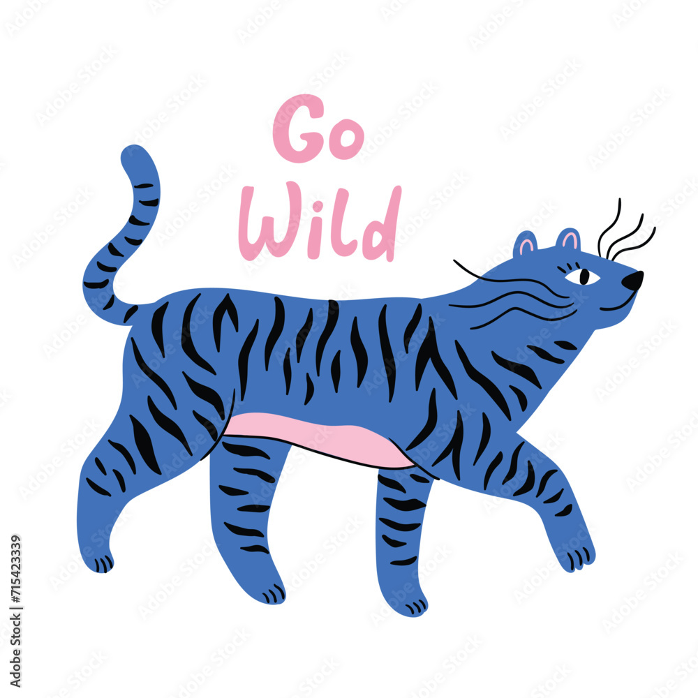 Vector animal illustration of walking blue tiger design in hand-drawn ...