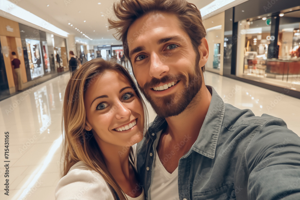 One modern trendy couple taking selfie picture inside luxury mall ...