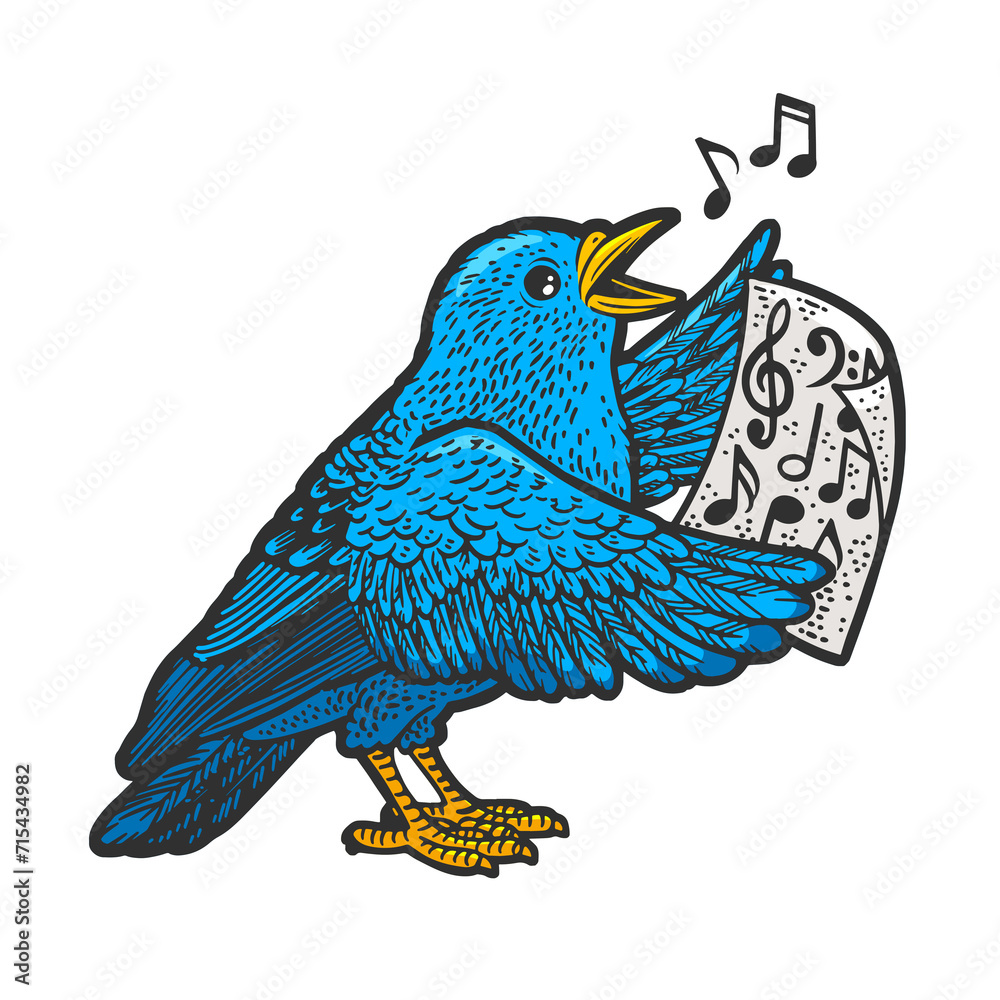 cartoon bird singing song by sheet music notes sketch color hand drawn ...