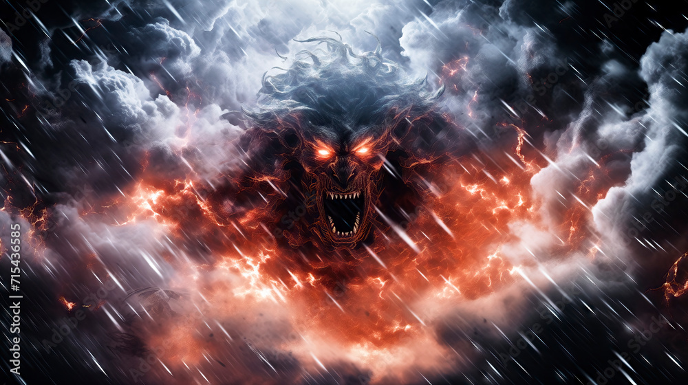 intense storm with rain, wind, lightning, and dark clouds revealing a ...