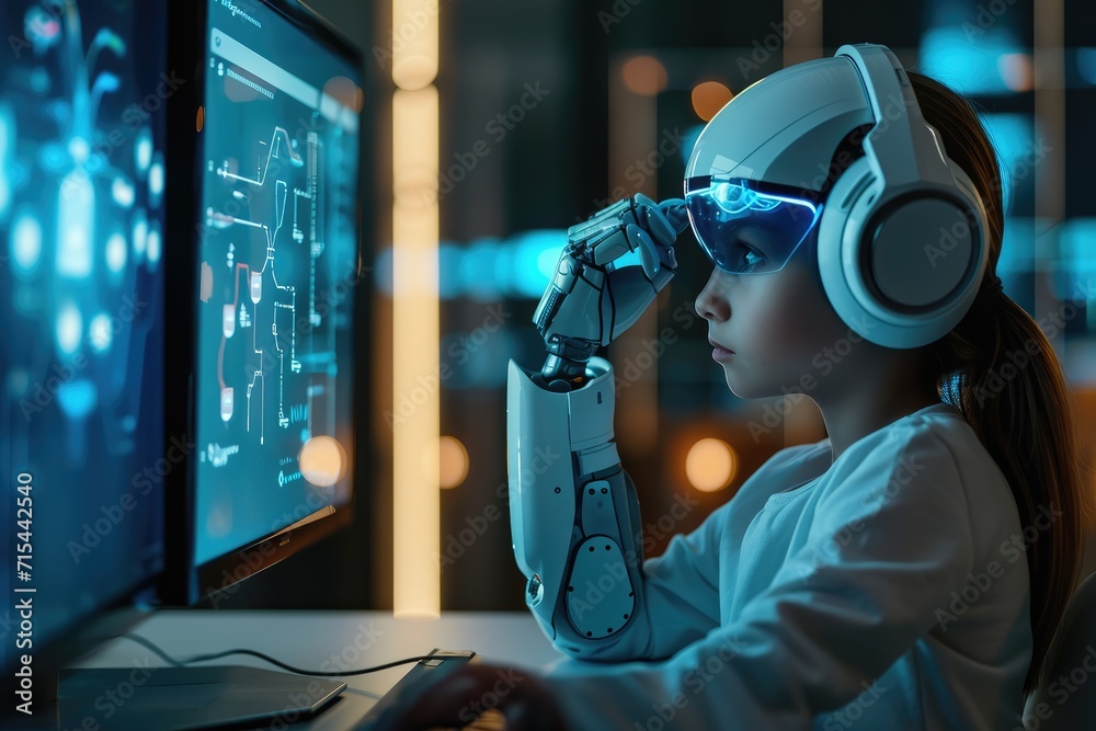 Child using system AI Chatbot in computer or mobile application ...