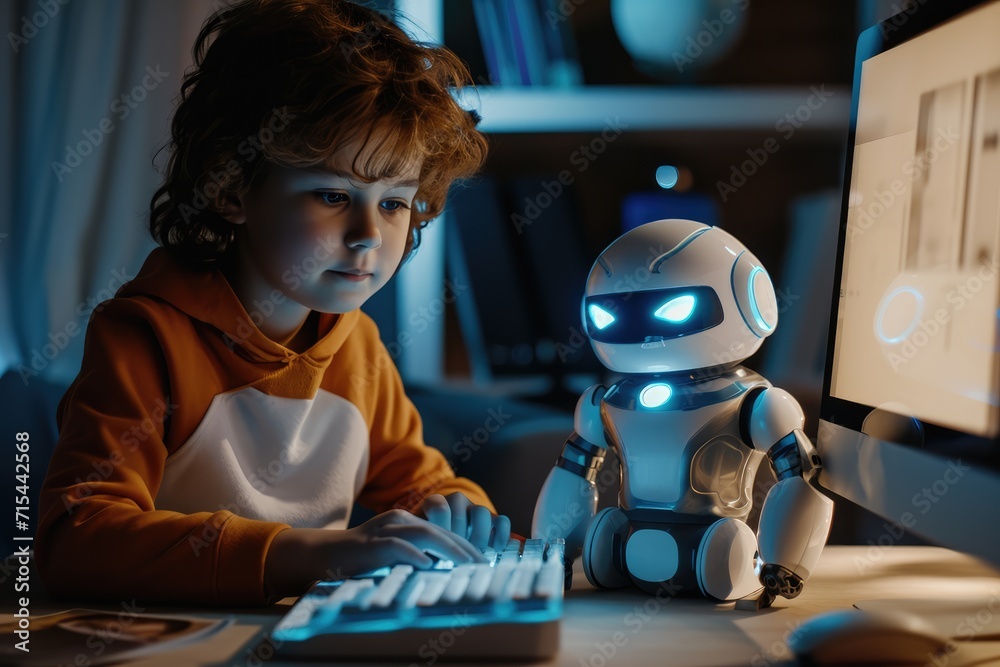 Child using system AI Chatbot in computer or mobile application ...