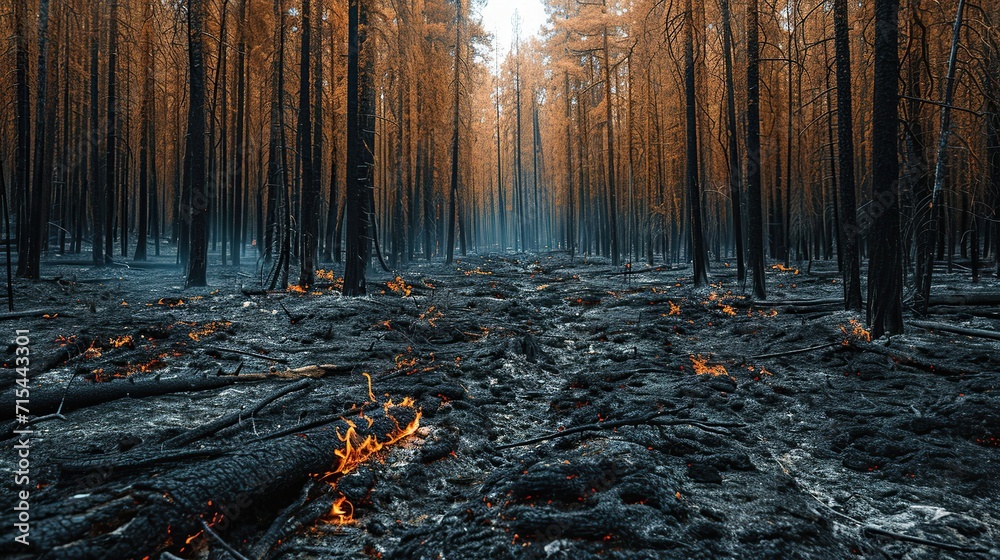 The smoldering remains of a forest post-fire, with lingering flames and ...