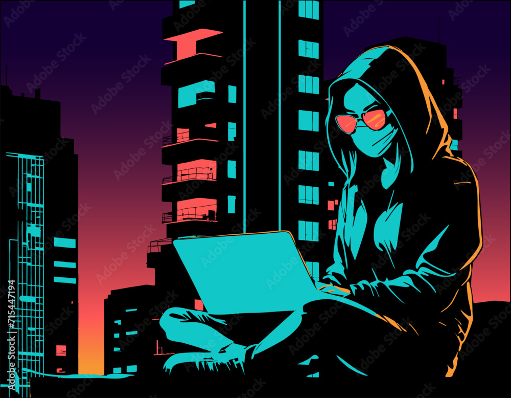 Hacker sits at a laptop. Vector background on the theme of computer ...