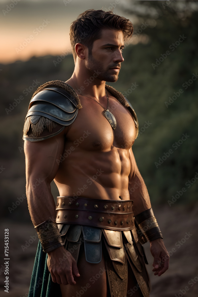 Shirtless Man in Gladiatorial Costume, Realistic Ancient Warrior Attire ...