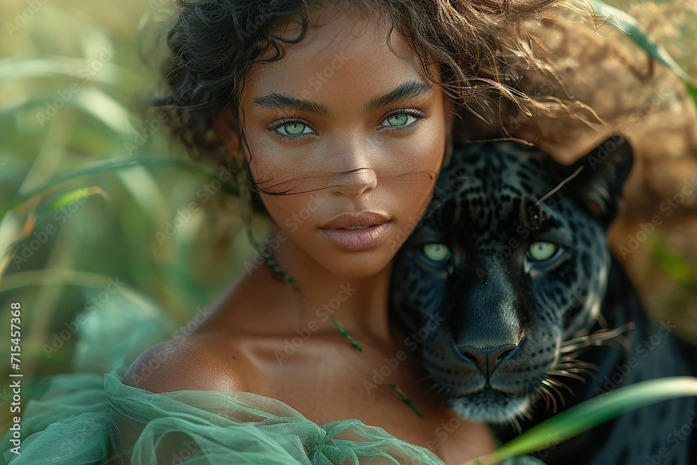 Bella mujer de color africana ojos verdes junto jaguar en la selva ...