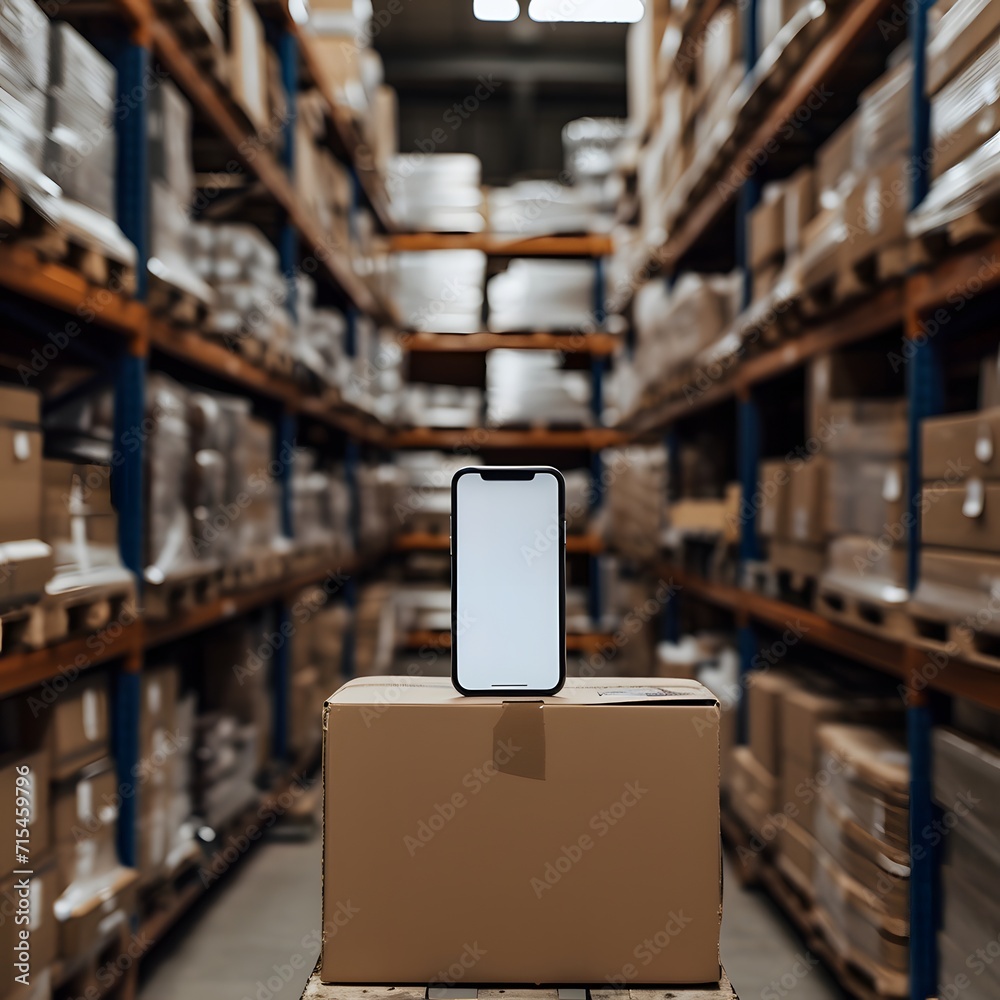 warehouse shelves with boxes, a cell phone sitting on a shelf in a ...