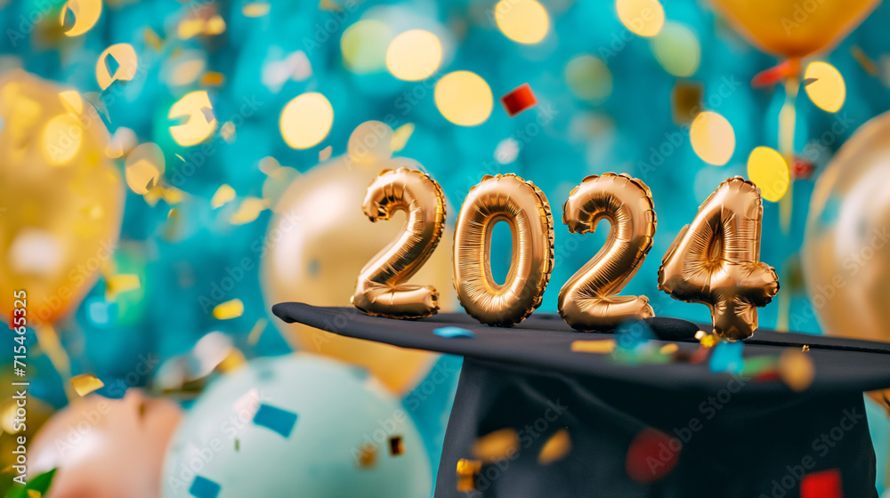 Graduation poster 2024. Graduate cap with balloons and confetti. Stock ...