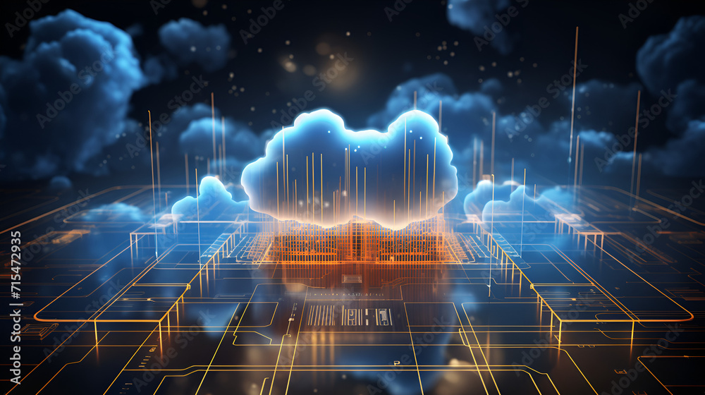 Data transfer cloud computing technology concept. There is a large prominent cloud icon in the ...