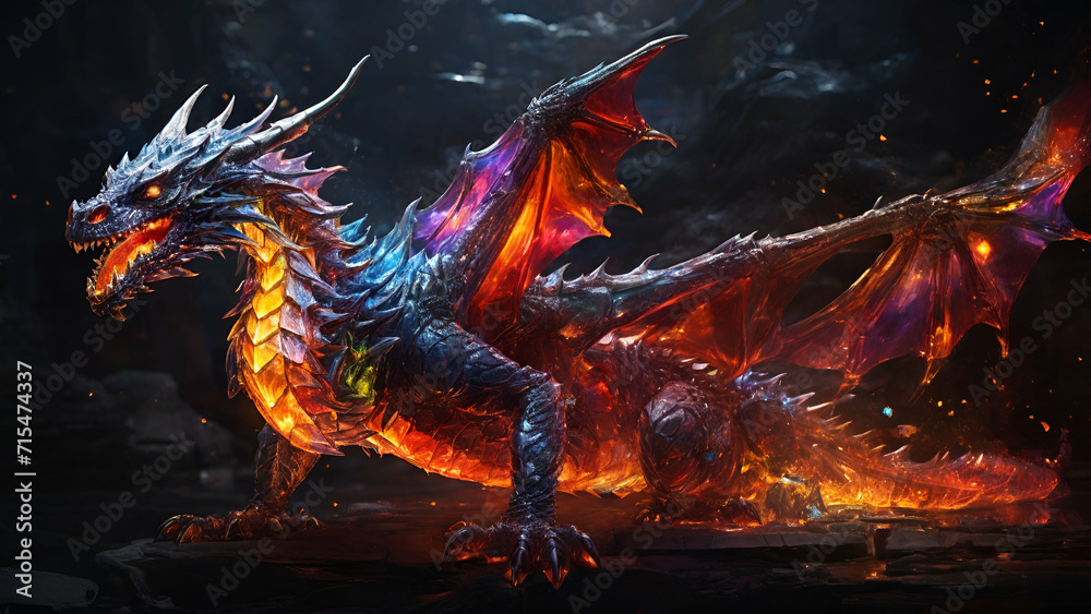 Imagine a fiery, glass dragon with a rainbow of hues, its wings spread ...