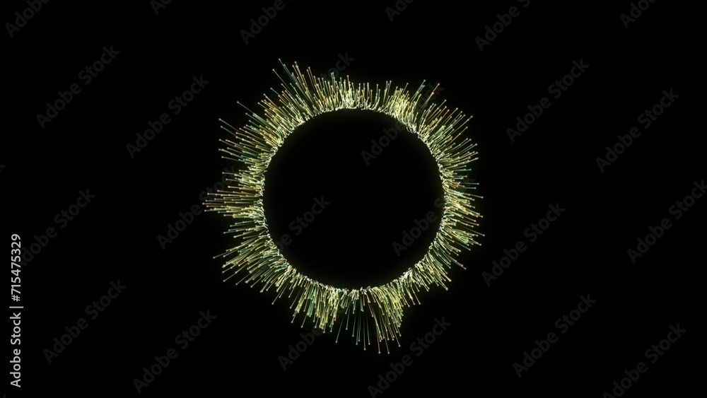 Green frame circular emitting particles on black background. Lines of ...