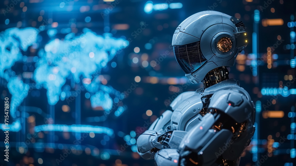 Robot arm crossed, Humanoid robot standing on blue world map icon ...