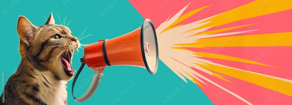 Colorful vintage comic-style illustration of a tabby cat yelling into a ...