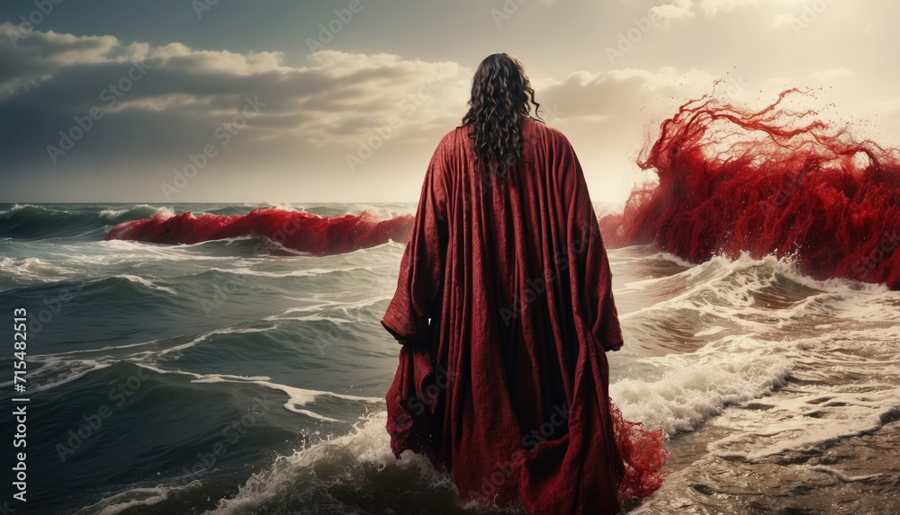 Moses with stretched hands near waters of Red Sea, Crossing the Red Sea ...