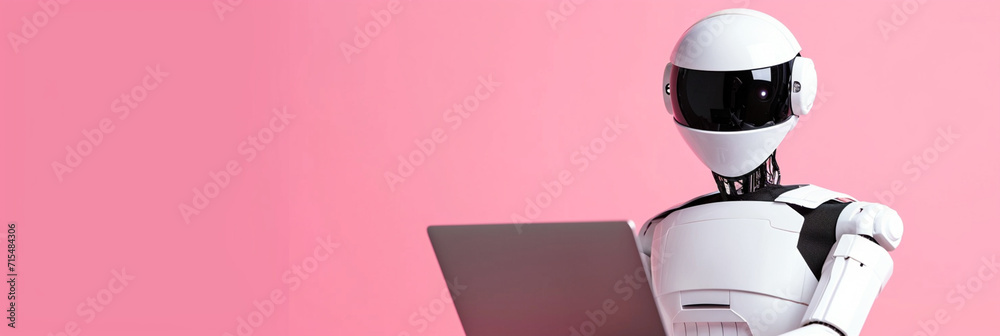 Robot with laptop banner background Stock Illustration | Adobe Stock