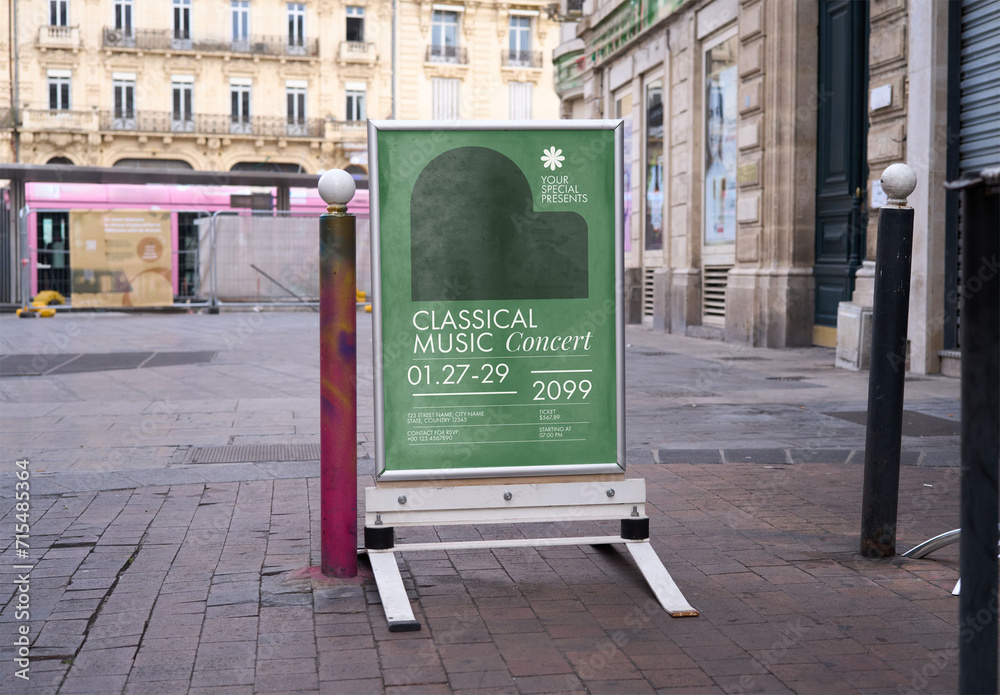 Mockup of customizable freestanding sign in city Stock Template | Adobe ...