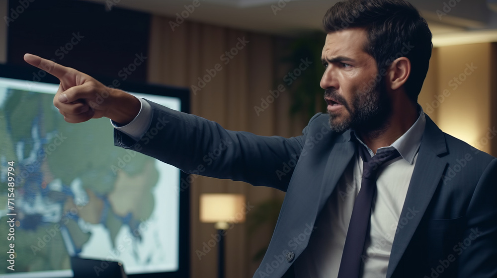Man manager wearing a suit get angry in office meeting room pointing ...
