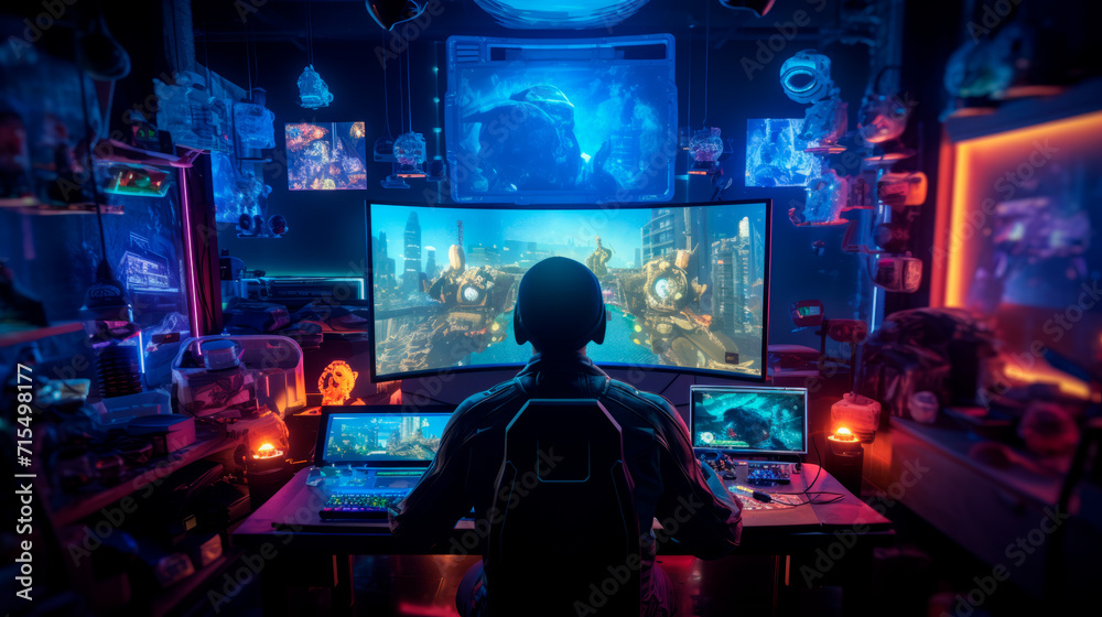 A gamer in a room with a multi-monitor setup plays at night, surrounded ...