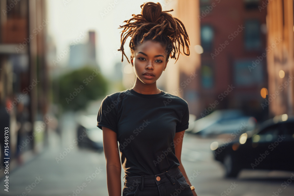 African American female model with dreadlocks - black t-shirt mockup ...