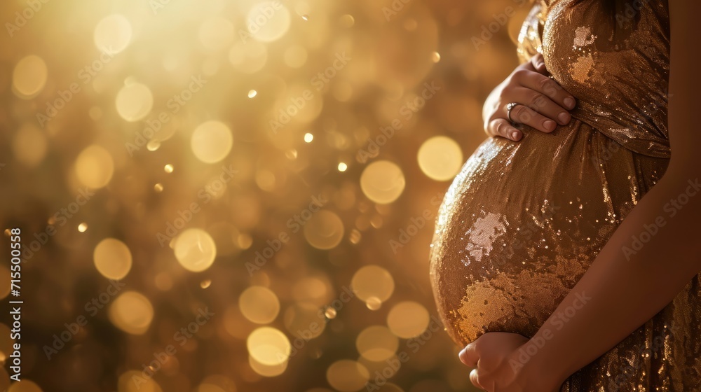 Pregnant woman belly close up with bokeh background and copy space ...