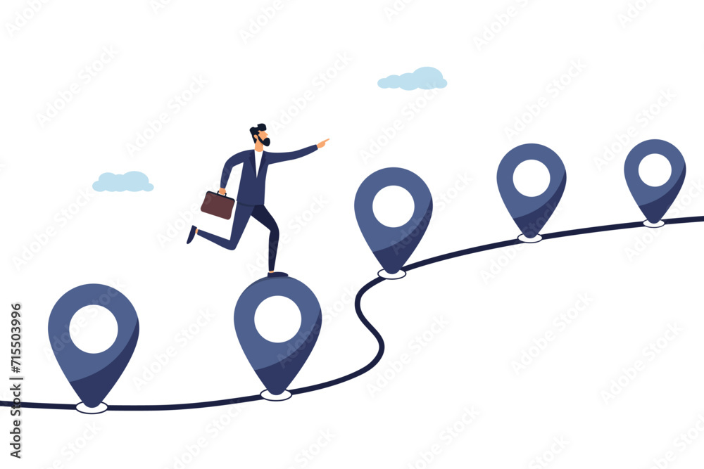 Businessman run on milestone location pin on business roadmap. Roadmap ...