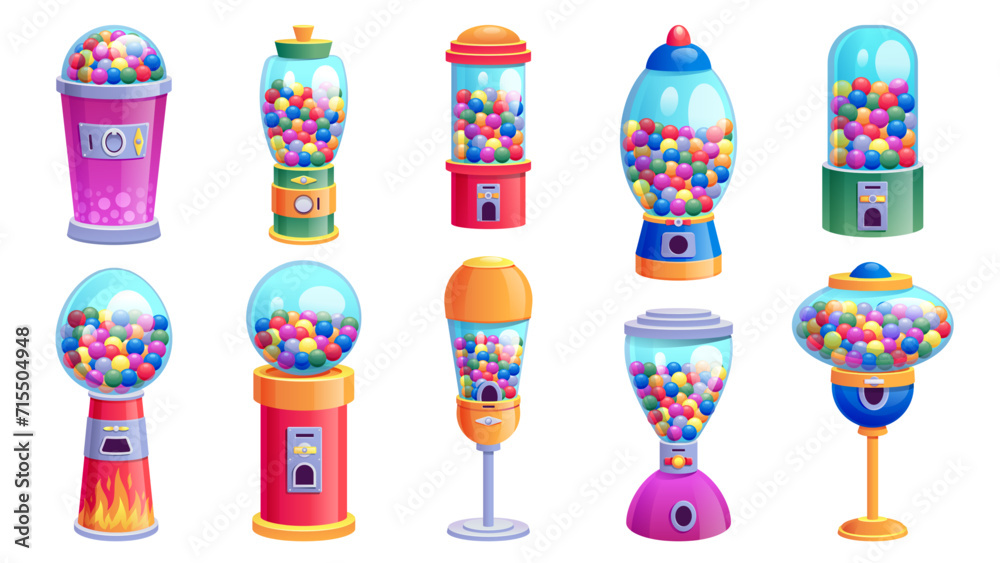 Gum ball vending machine. Cartoon retro candy dispenser with gumballs, colorful sweet balls for ...