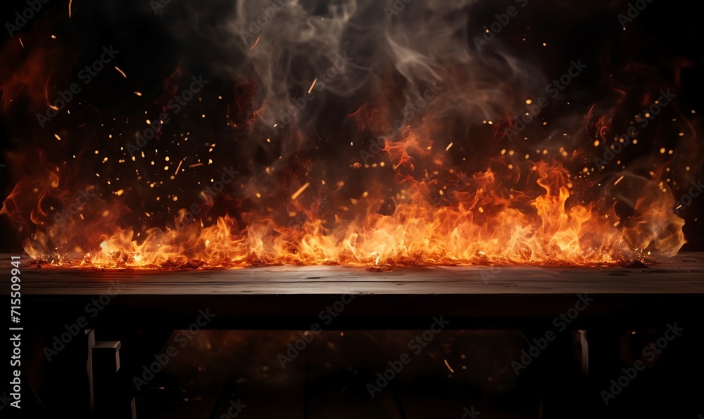 Woden table with Fire burning, fire flames on a dark background to ...