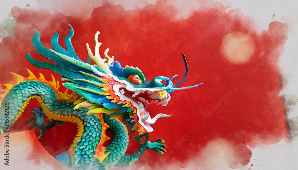 dragon watercolor painting in red tone chinese new year background with ...