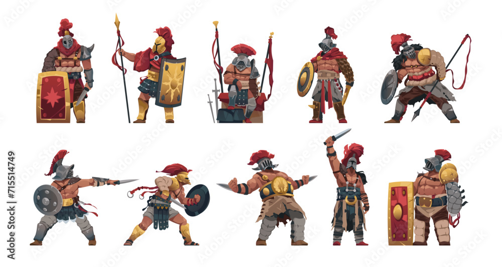 Cartoon gladiator warriors. Sparta coliseum fight character with ...