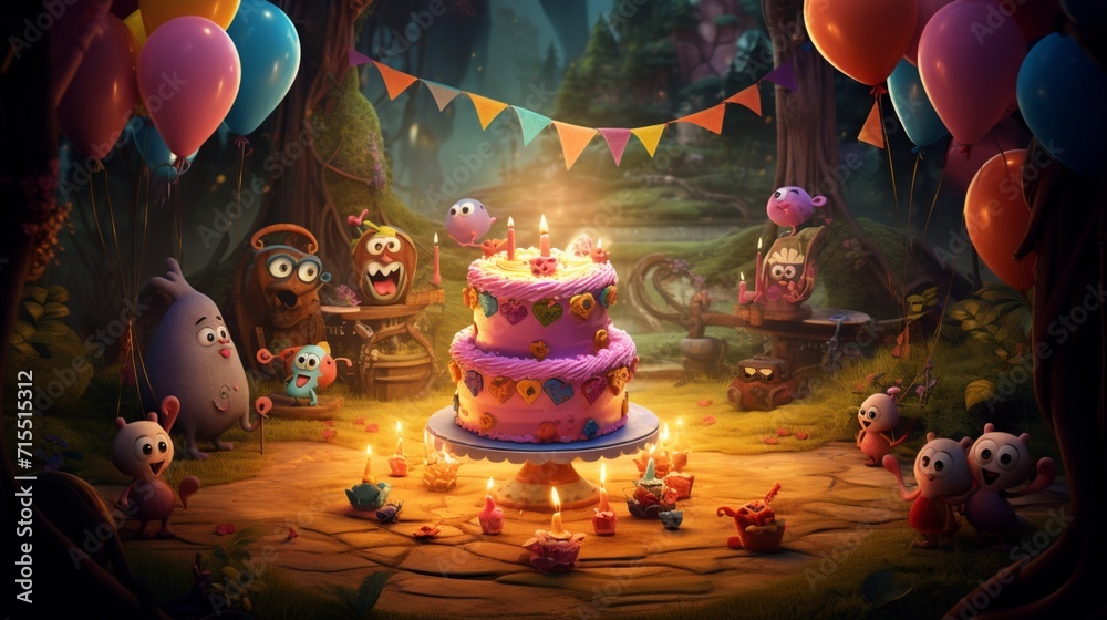 A lively birthday scene with happy faces, a cake at the center, and an ...