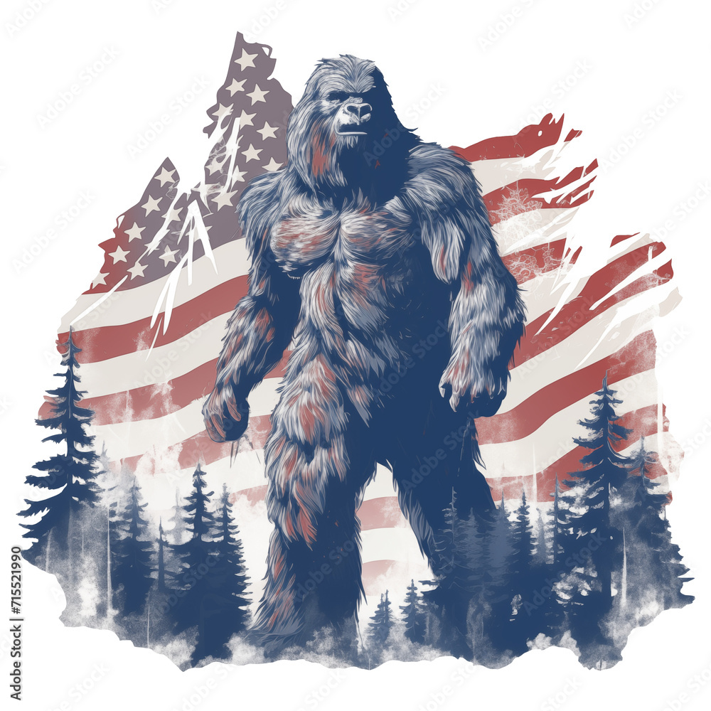 American bigfoot cryptid t-shirt graphic with a sasquatch and USA flag ...