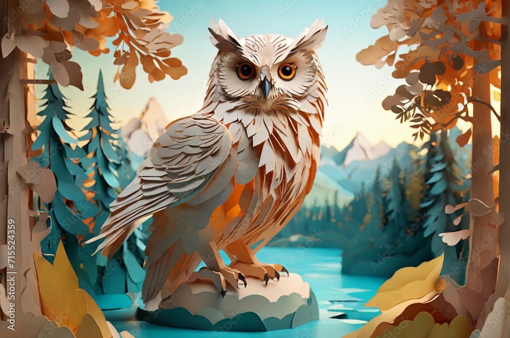 Owl at the forest on mountains background. 3D paper style illustration ...