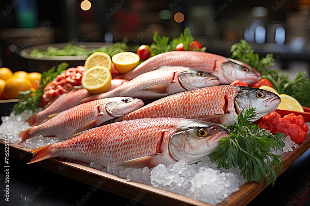 Fresh fish in a pile of ice in the supermarket or at the market, mixed ...