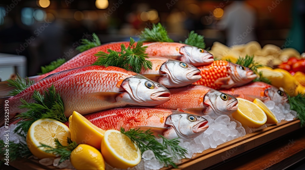 Fresh fish in a pile of ice in the supermarket or at the market, mixed ...