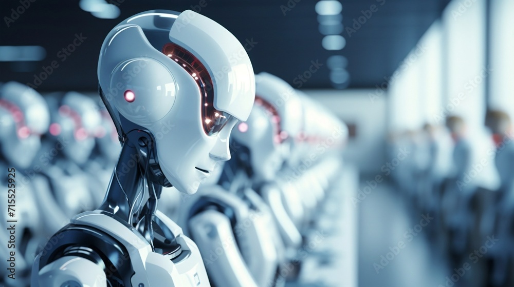 Row of robots in call center working as operators answering customer ...